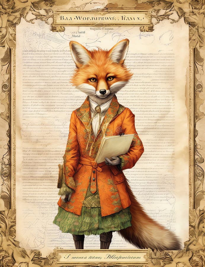 Fox with Clothes Animal Old Paper, Vintage Junk Journal Digital Paper ...