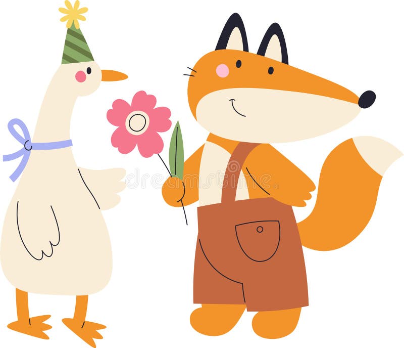 Fox Congratulate Goose with Flower Stock Vector - Illustration of happy ...