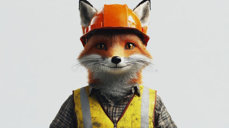 Fox in Construction Vest and Helmet, Worker Character Illustration ...