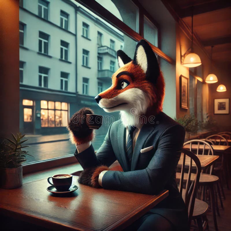 A Fox in a Costume is Sitting in a Cafe and Drinking Coffee. Stock ...