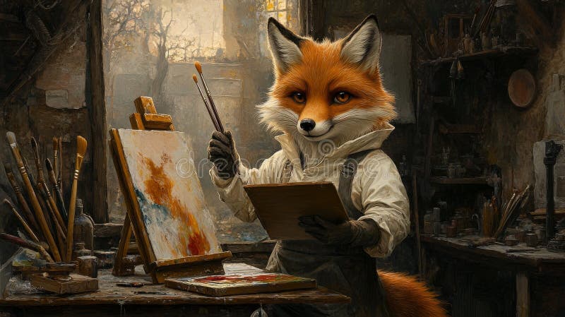 Fox Creates Abstract Art on Canvas while Wearing a Painter S Smock ...