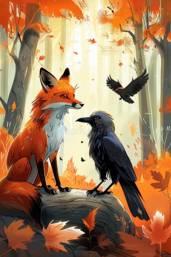 A Fox and a Crow Sitting on a Log in the Woods Stock Photo - Image of ...