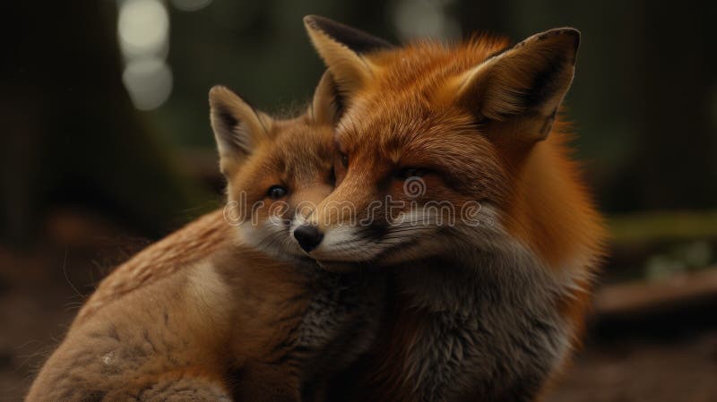 A Fox and Cub Cuddling in the Woods Near a Tree, AI Stock Photo - Image ...