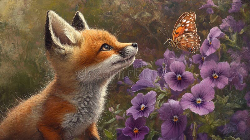 A Fox Cub Curiously Sniffing a Butterfly on a Bed of Blooming Violets ...