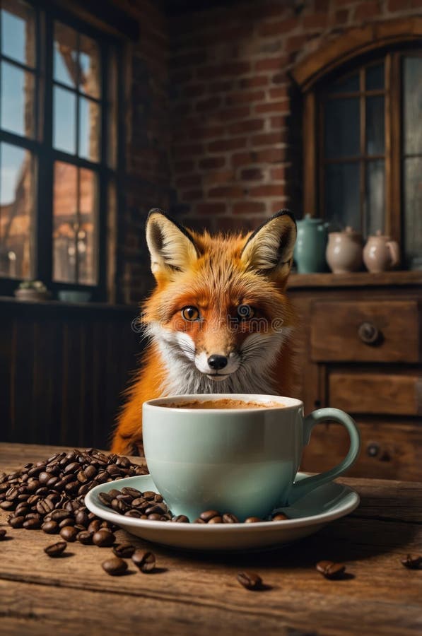 Curious Red Fox Enjoying Coffee in Rustic Setting Stock Illustration ...