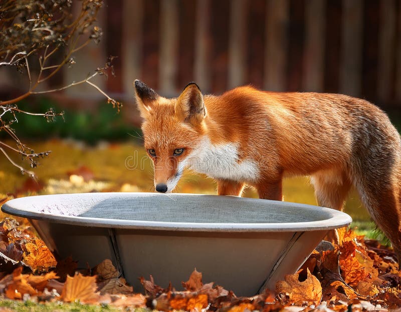 A Fox is Curiously Looking into an Empty Bird Bath Filled with Fallen ...