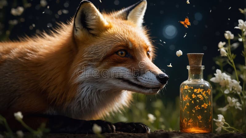 Red Fox Gazing at Magical Bottle with Flowers and Butterfly in ...
