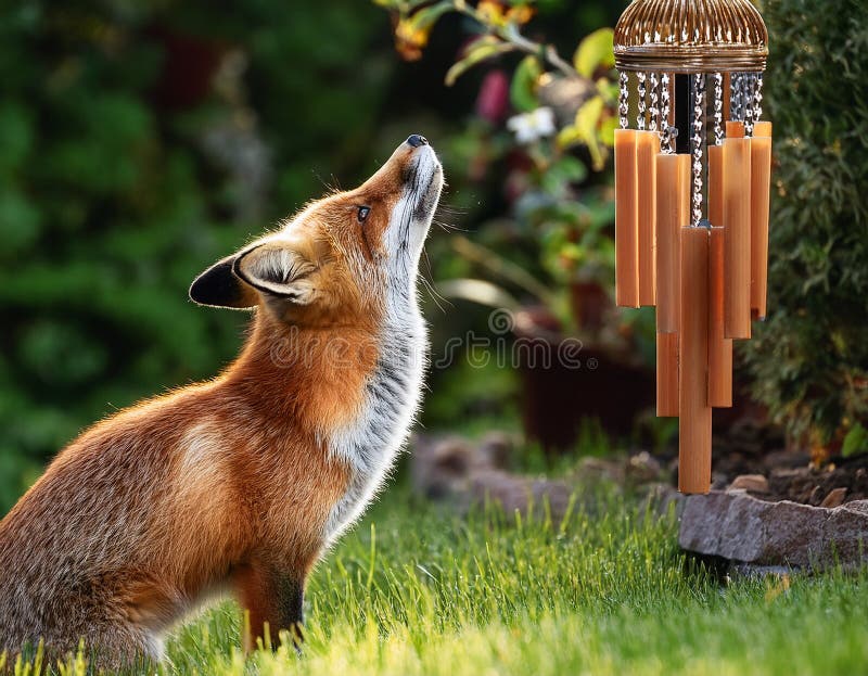 A Fox is Curiously Observing a Wind Chime Gently Swaying in a Backyard ...
