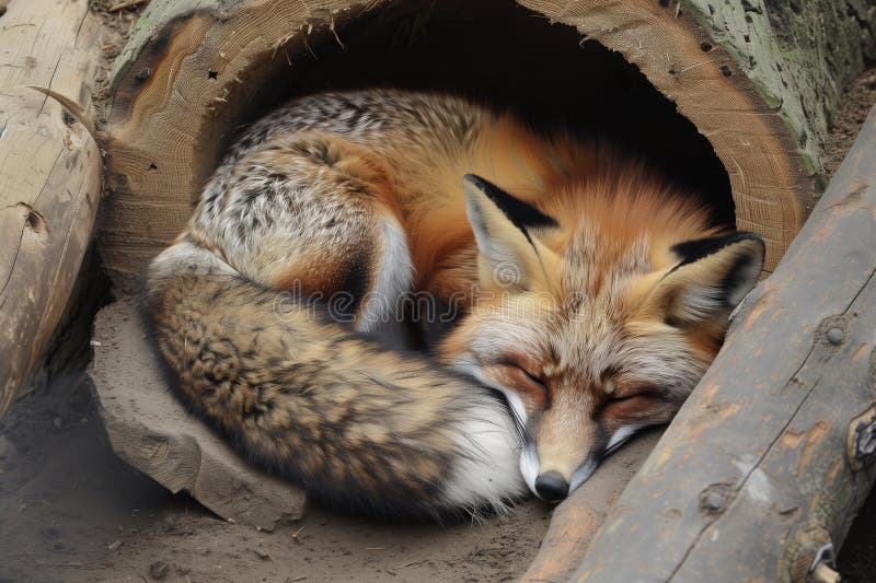 Fox Curled Up Inside a Log Burrow Stock Image - Image of cozy, resting ...