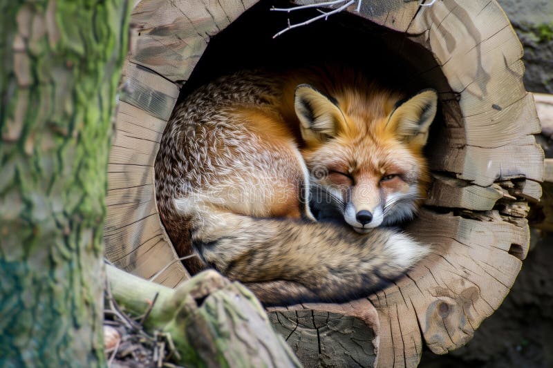 Fox Curled Up Inside a Log Burrow Stock Image - Image of camouflage ...