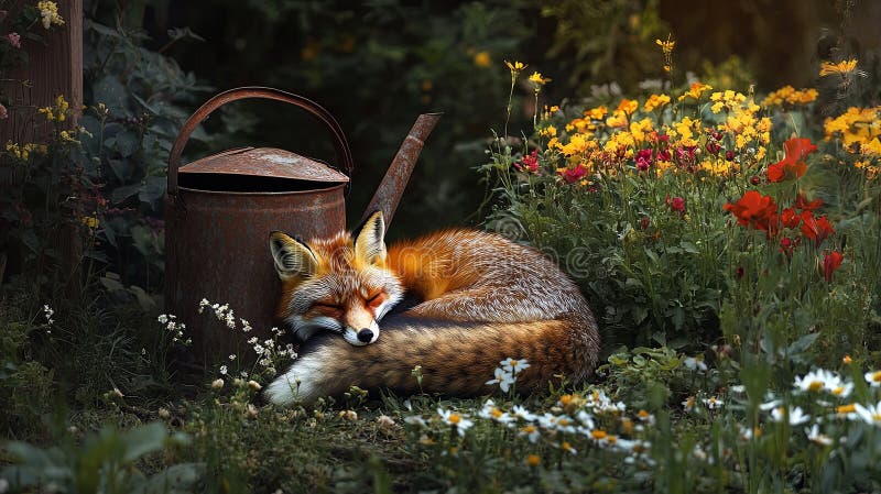 Fox Curled Up Near Rustic Watering Can Surrounded Wildflowers Stock ...