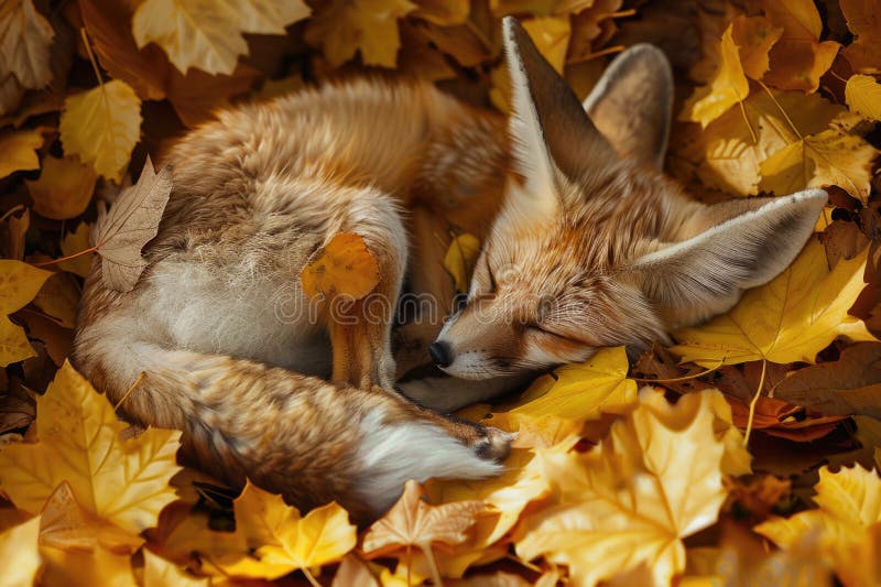 A Fox Curled Up and Sleeping in a Pile of Colorful Autumn Leaves Stock ...