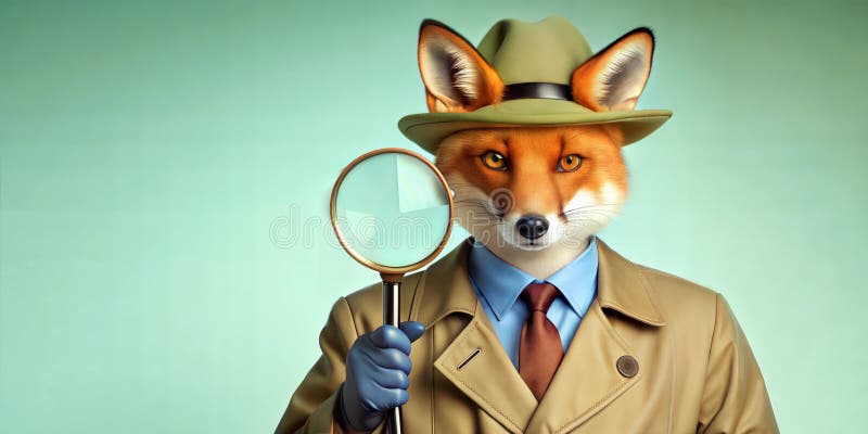 Fox in a Detectives Trench Coat Examining with a Magnifying Glass Stock ...