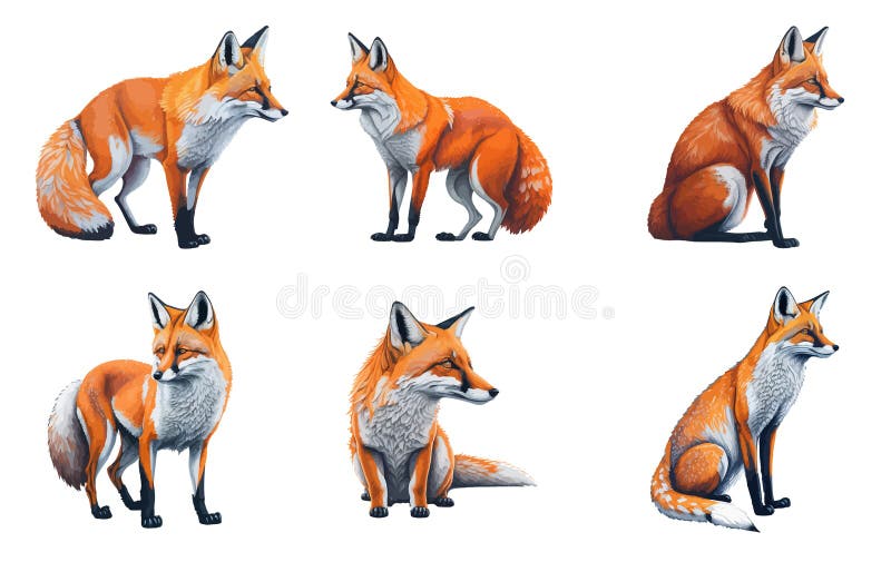 Fox in Different Poses. Vector Set Illustration Realistic Hand Drawn ...