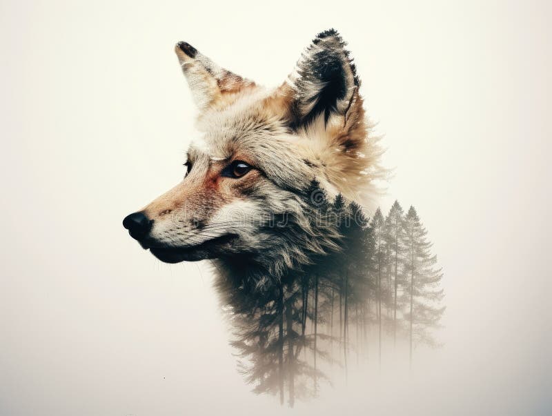A Fox with a Double Exposure of Trees Stock Illustration - Illustration ...