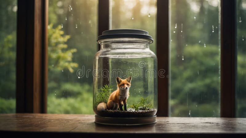 Little Red Fox in a Glass Jar on Rainy Day Stock Illustration ...