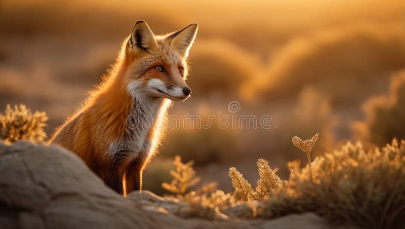 A Fox Exploring Its Natural Habitat in the Soft Glow of a Golden Sunset ...