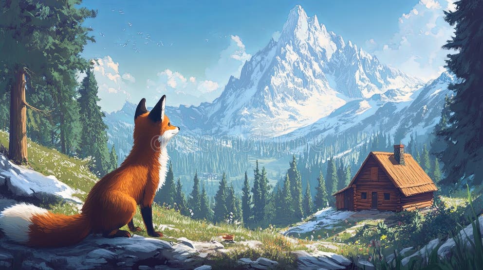 A Fox Exploring Near a Forester Cabin with a Scenic Mountain Backdrop ...