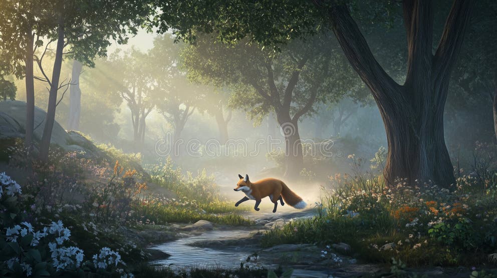 Fox Exploring Peaceful Sunlit Forest Path with Mist Stock Illustration ...