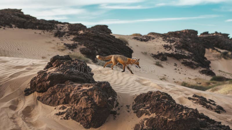 A Fox Exploring a Sandy Desert Landscape with Rocky Formations Stock ...