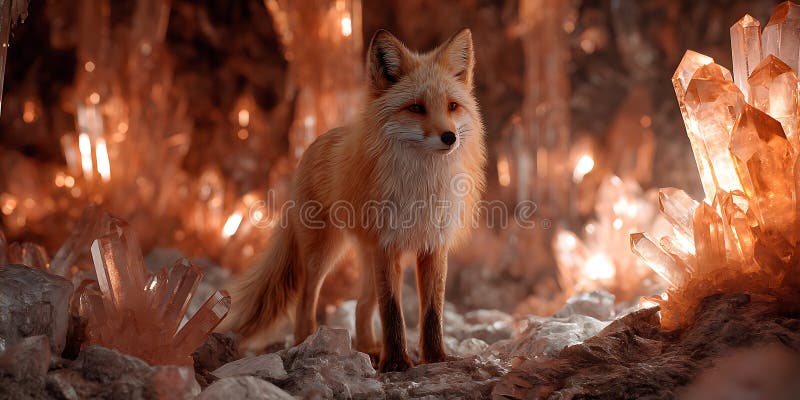 Fox in Fire Fiery Crystal Cave Wallpaper Stock Illustration ...