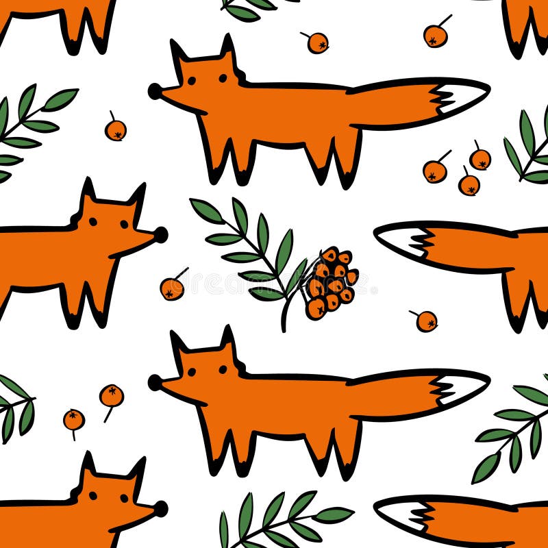 Fox and Forest Doodle Seamless Pattern Kid Drawing Stock Illustration ...