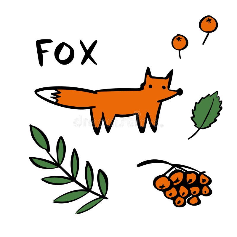 Fox and Forest Doodle Set Kid Drawing Stock Vector - Illustration of ...