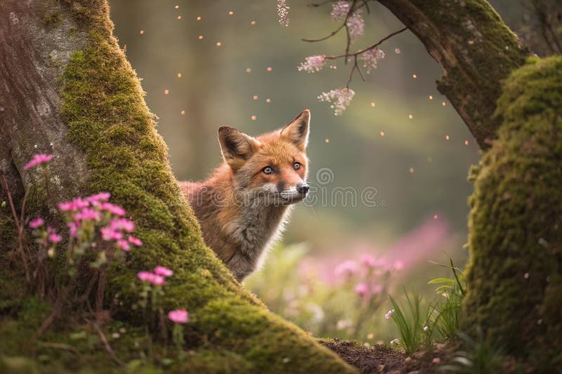 A Fox, Front View Looks through the Moss Covered Trees, Surrounded by ...