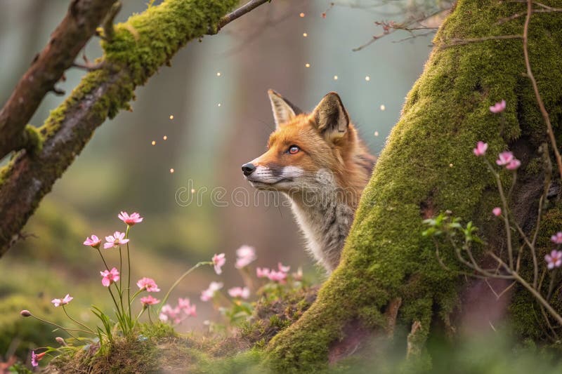 A Fox, Front View Looks through the Moss Covered Trees, Surrounded by ...