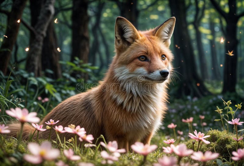 A Fox, Front View Looks through the Moss Covered Trees, Surrounded by ...