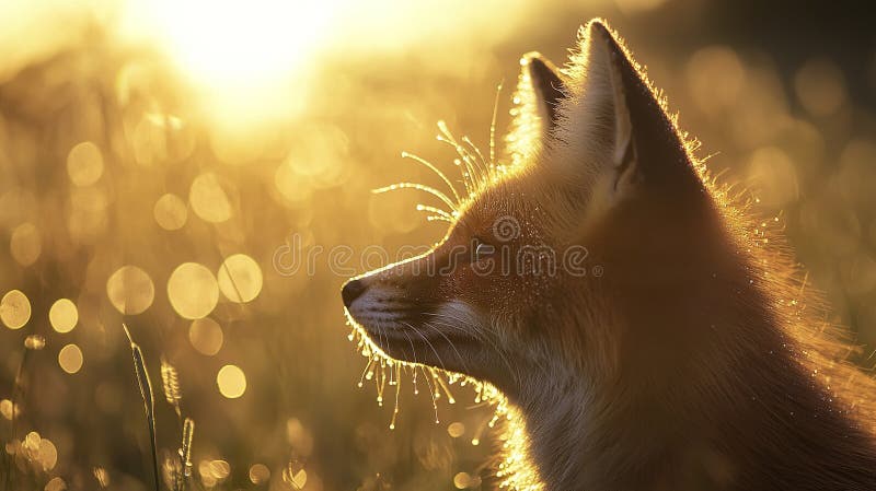 A Fox Gazes into the Sunset, Surrounded by a Golden Glow and Soft Bokeh ...