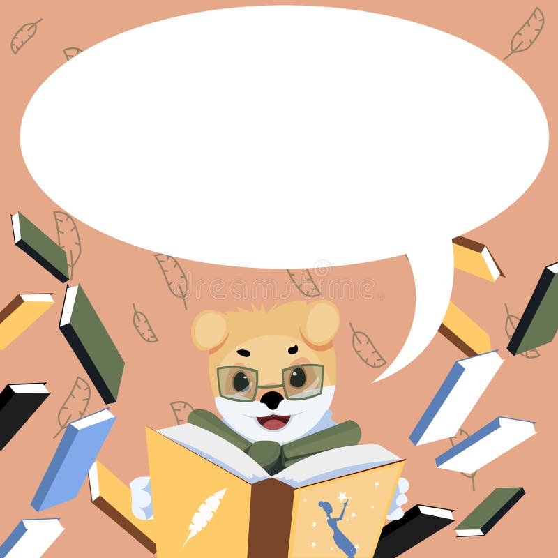 Fox with Glasses Sitting in Library Reading a Book Surrounded by Flying ...