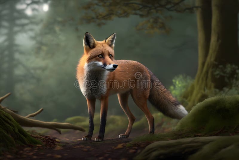 Fox in Green Forest. Wildlife Scene from Nature Stock Illustration ...