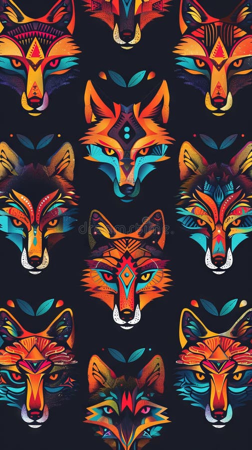 Fox Heads Featuring Colorful Tribal Designs in a Repeating Layout ...