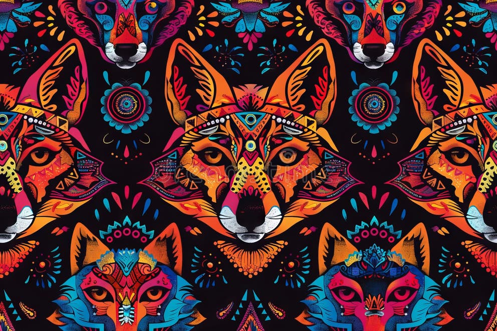 Fox Heads with Vibrant Tribal Patterns in a Repeating Layout. Stock ...