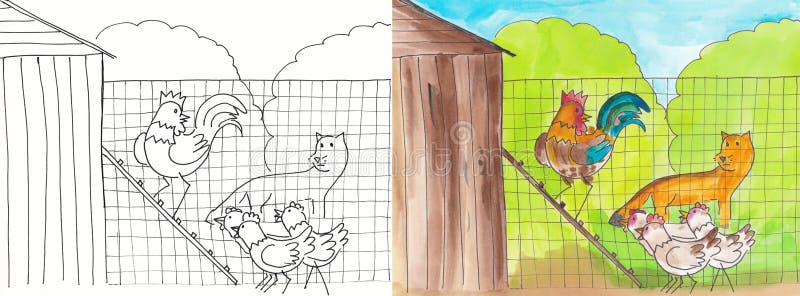 The Fox and the Hen stock illustration. Illustration of drawing - 34172425