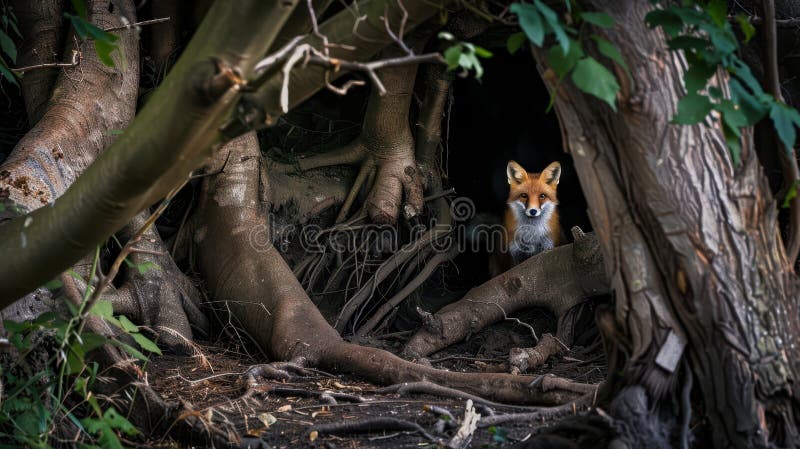 Fox Hidden among Roots of a Tree in Dim Light Stock Image - Image of ...