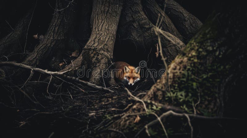 Fox Hidden among Tree Roots in Dim Light Stock Image - Image of ...