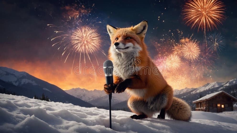 Red Fox Singing with Microphone Against Fireworks and Snowy Mountain ...