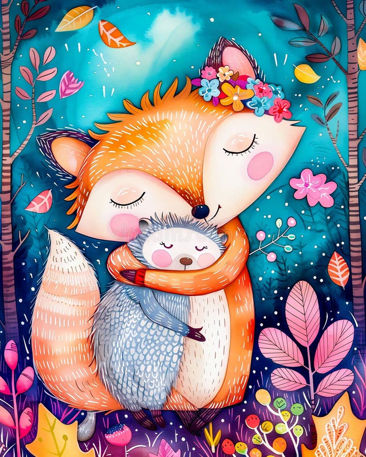 Fox Hugging Hedgehog stock illustration. Illustration of isolated ...