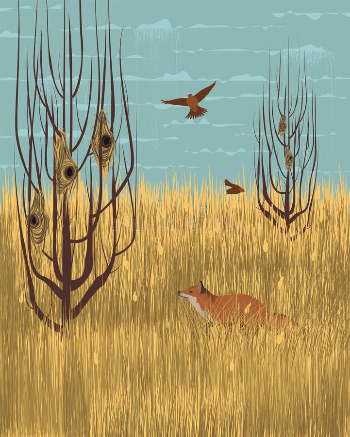 Fox on the Hunt. Birds Protect Their Nests Stock Vector - Illustration ...
