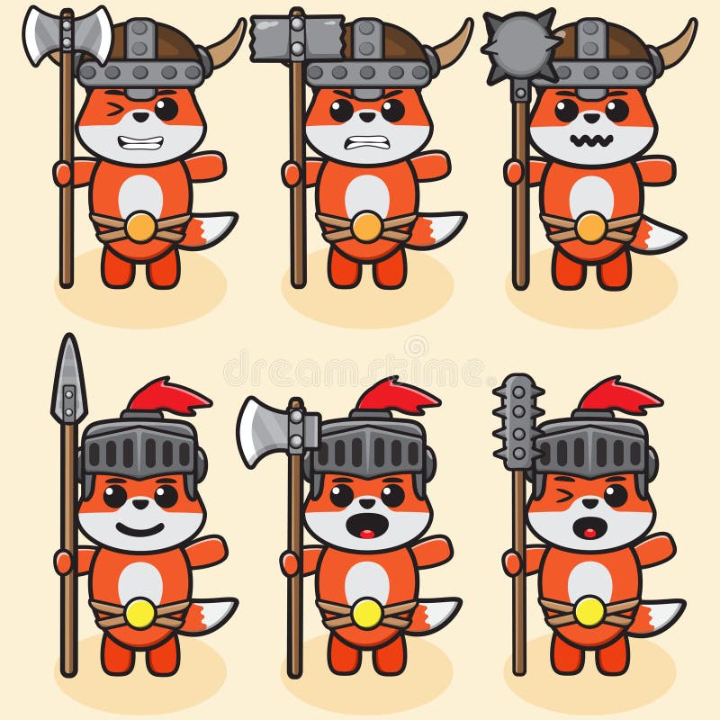 Vector Illustration of Cute Fox Knight Cartoon Two Handed Weapon. Stock ...
