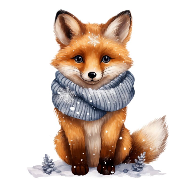 Fox in Knitted Mittens and Scarf Sitting in Snow. Stock Image ...