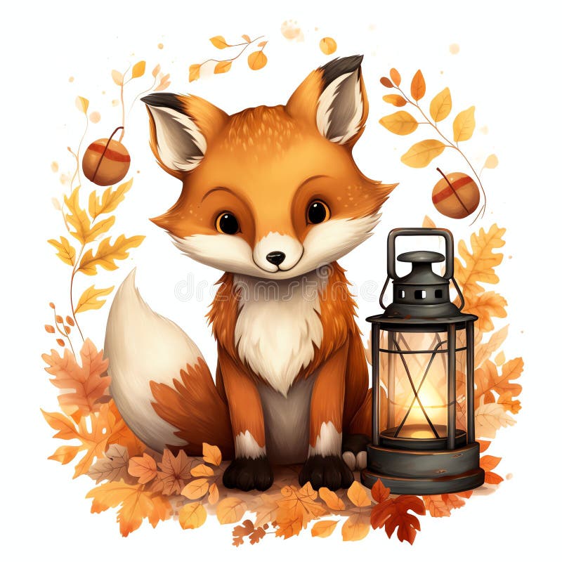 Fox with Lantern in Autumn Woodland Stock Illustration - Illustration ...