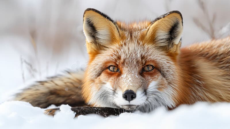 A Fox is Laying in the Snow with Its Head Tilted To the Side Stock ...