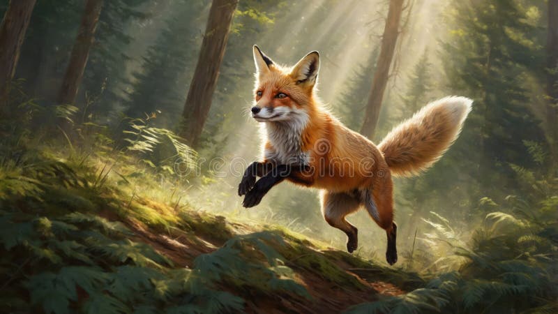 Red Fox Leaping through Sunlit Forest, Majestic Wildlife Scene Stock ...