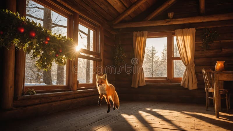 Magical Red Fox Leaps in Sunlit Wooden Cabin, Winter Wonderland Stock ...