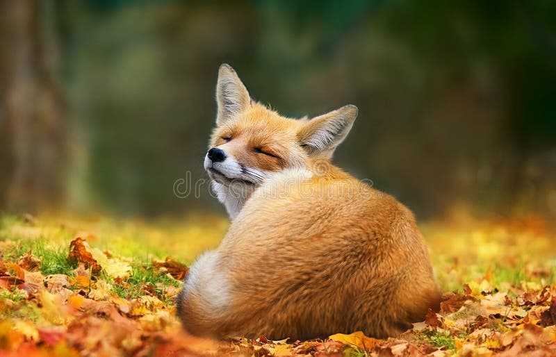 Fox Lies in the Autumn Forest Stock Image - Image of carnivore, closeup ...