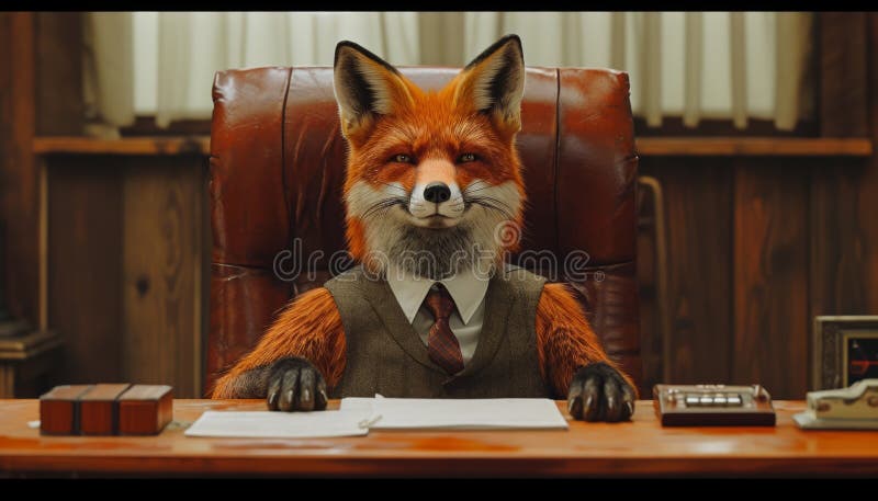 A a Fox Like a Boss Sitting Behind a Desk in Style of Anthropomorphic ...