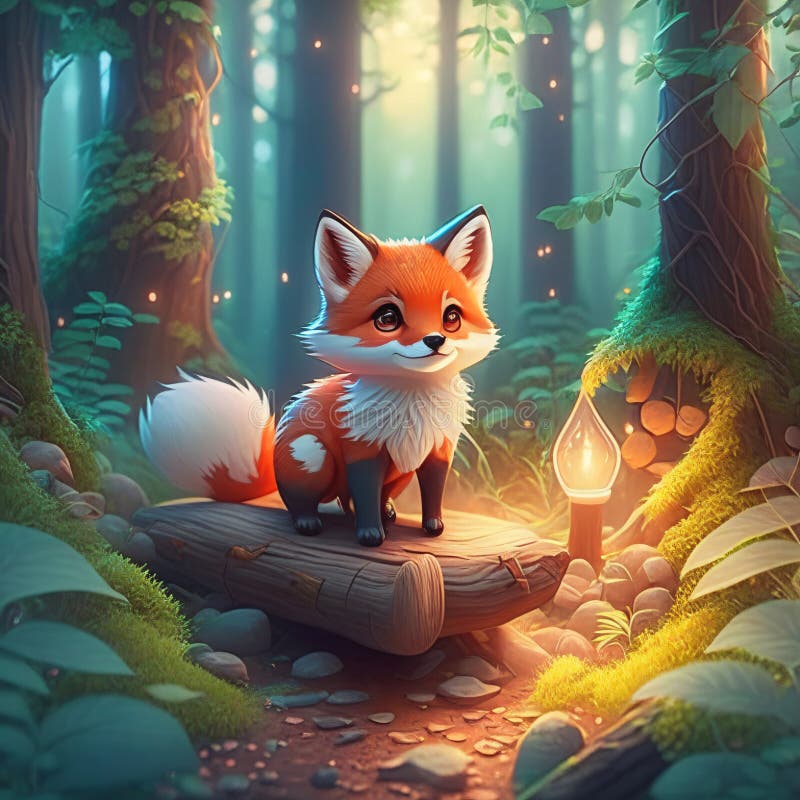 A Fox on Log Illuminated by Fireflies, Surrounded by Lush Forest with ...